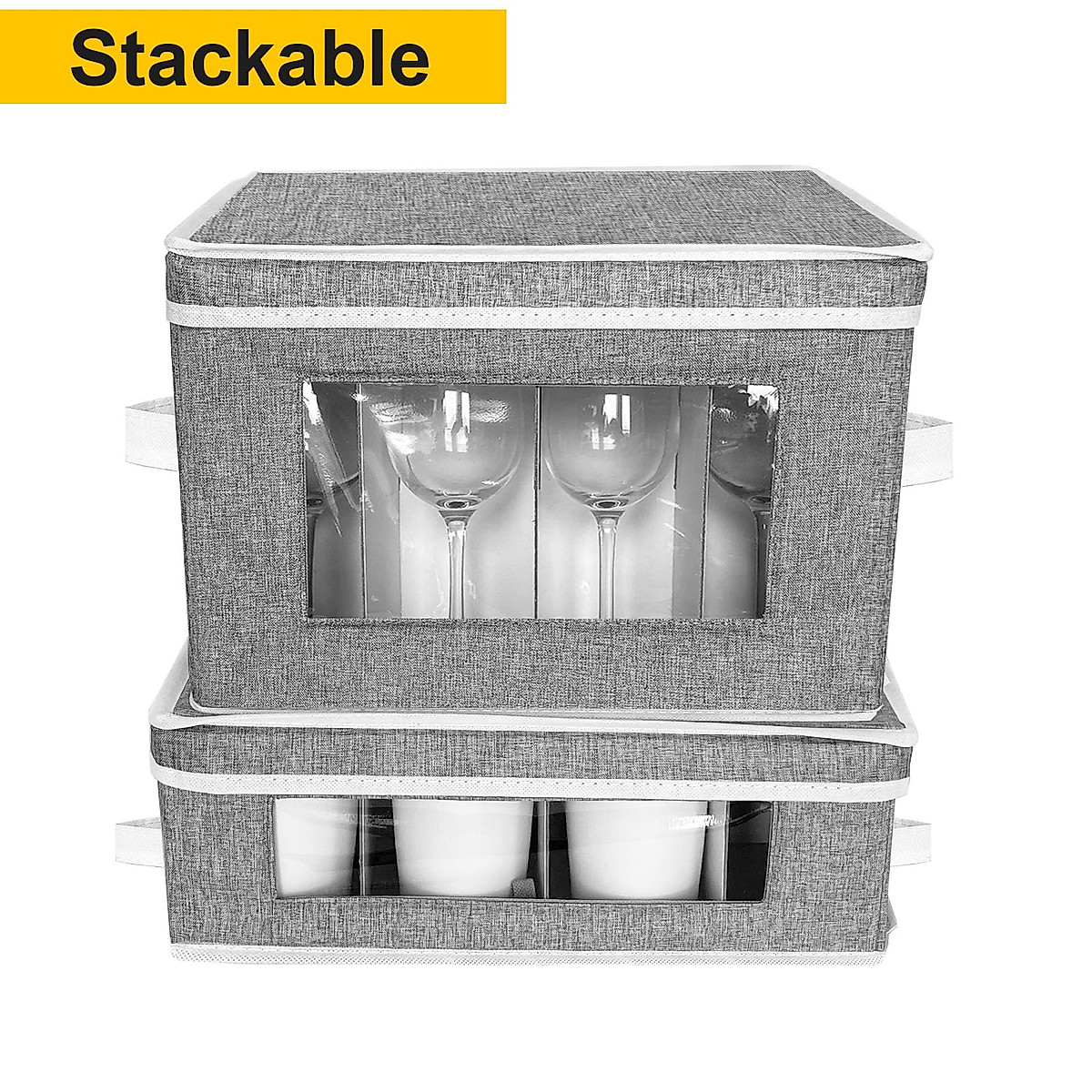 2 Pack China Storage Containers Set, Coffee Mug and Wine Glass Storage Box with Dividers, Cup and Stemware Storage Cases Organizer for 12 Tea Cups & 12 Crystal Glassware Moving and Protection (Grey)