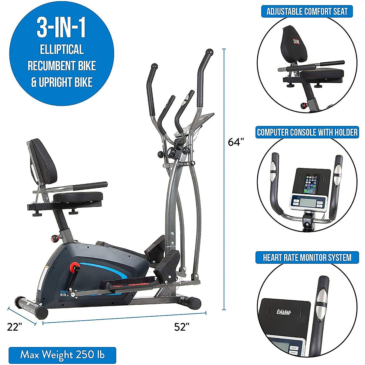 Body Champ 3-in-1 Exercise Machine, Trio Trainer, Elliptical and Upright Recumbent Bike