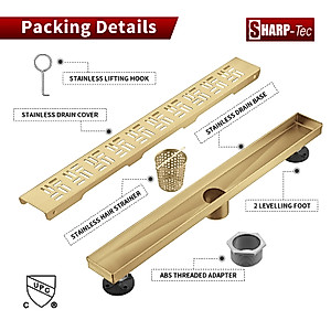 Sharp-tec Shower Drain, 32 inch Linear Shower Drain, Brushed 304 Stainless Steel Rectangular Shower Floor Drain with Adjustable Leveling Feet, Hair Strainer, cUPC Certified, ST-092-32G