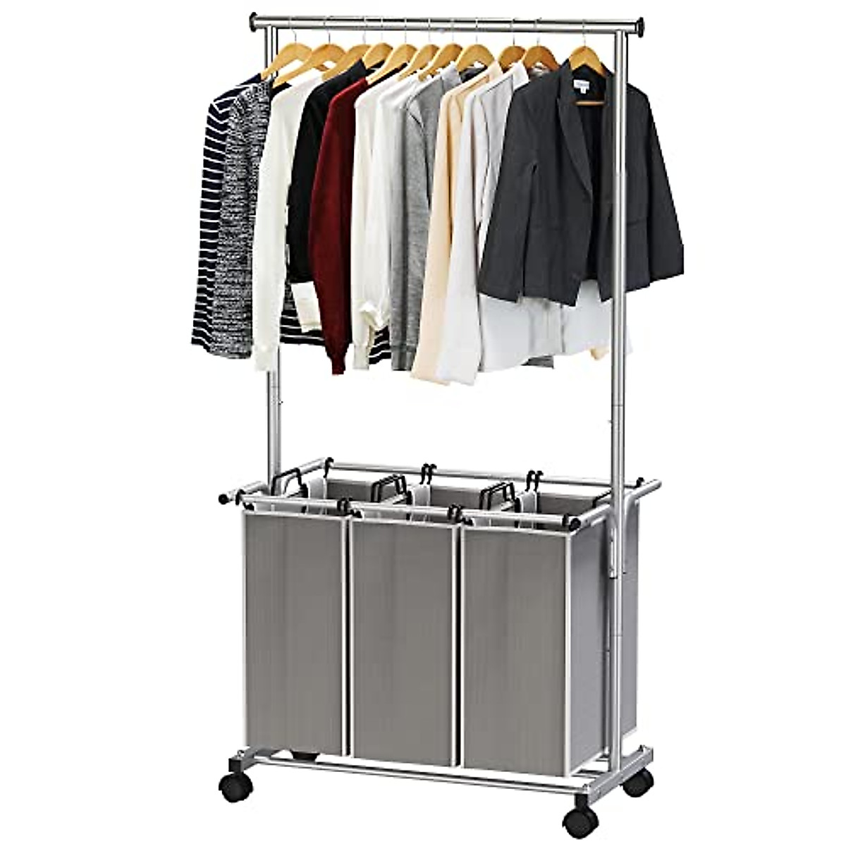 SimpleHouseware 3 Bag Laundry Sorter Rolling Cart w/Garment Rack Hanging Rod, Silver