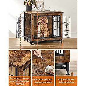 FEANDREA Dog Crate Furniture, Side End Table, Modern Kennel for Dogs Indoor up to 30 lb, Heavy-Duty Dog Cage with Multi-Purpose Removable Tray, Double-Door Dog House, Rustic Brown UPFC001X01
