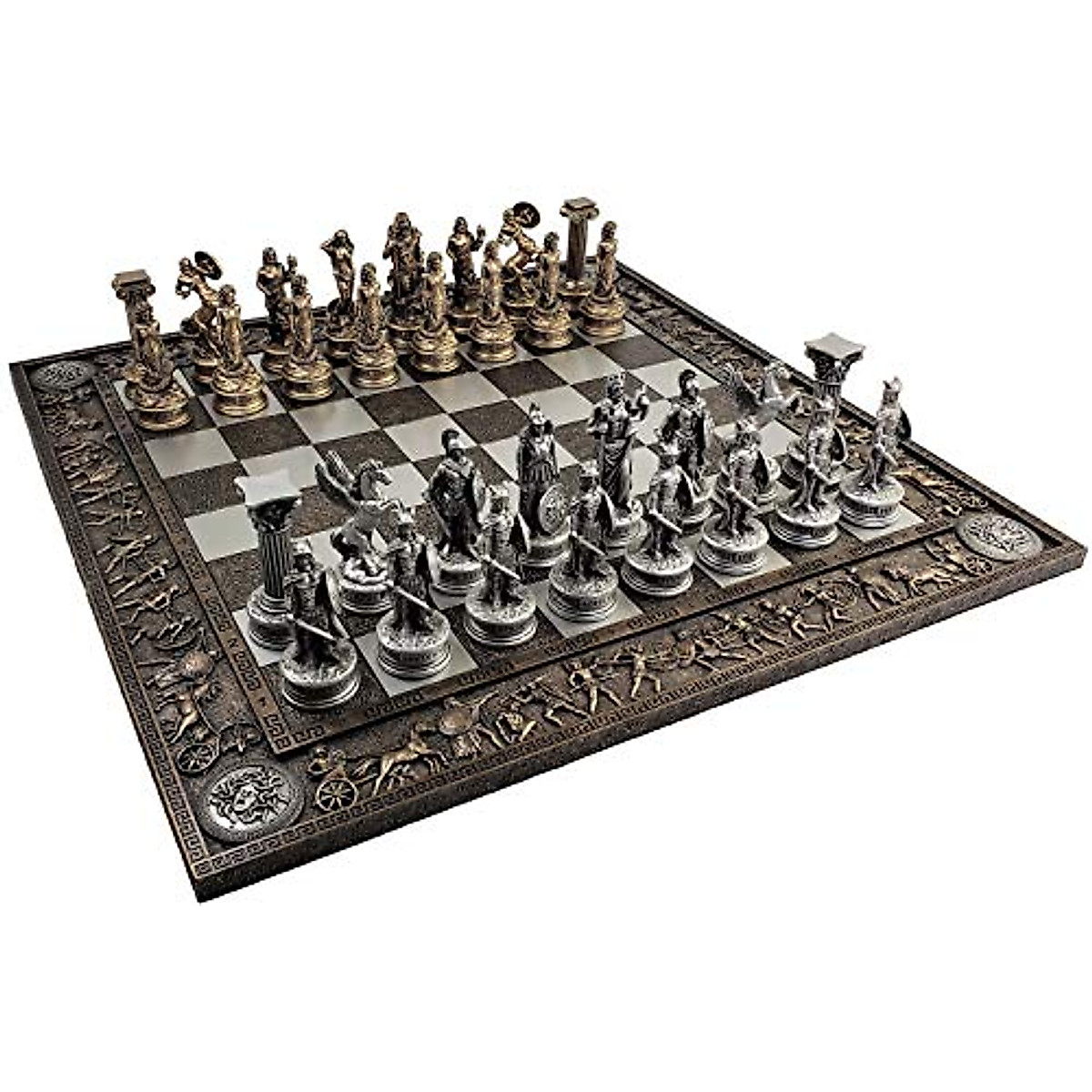 Greek Mythology Olympus Gods Zeus vs Poseidon Pewter and Bronze Color Chess Set with 17" Greek Board