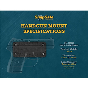SnapSafe Magnetic Gun Mount 75912-Non-Scratch Rubber Coated Gun Magnet Mount for Pistols, Handguns, Revolvers, & Firearm Accessories - Magnetic Gun Holder Rated for 43 Pounds, Includes Mounting Screws