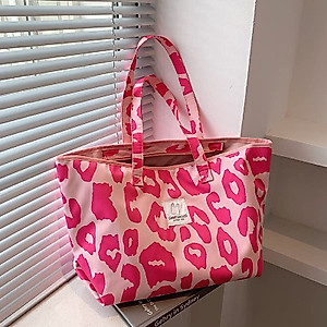 Women's Large Capacity Casual Totes Y2k Aesthetic Pink Leopard Shoulder Bag Cute Canvas Bags Bucket Handbag Office School Bookbag (Pink)