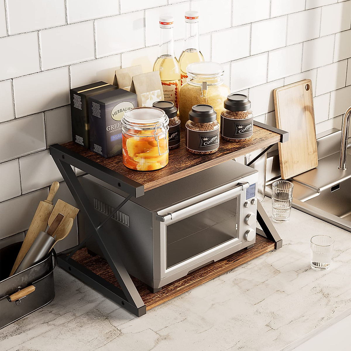 MaxGear Under Desk Printer Stand, 2 Tier Printer Rolling Cart with 4 Wheels, Wood Desktop Printer Table with Anti-Skid Pads, Home Printer Shelf for Office Fax Machine, Scanner, Books, Rustic Brown