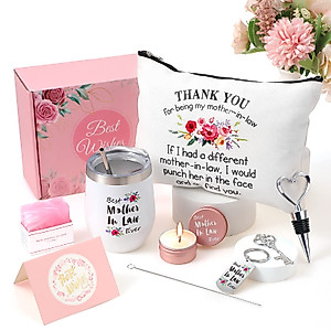 Nuanchu Mother Gift Set Birthday Gifts for Mom from Daughter Son Thank You Gift Relaxing Spa Gift Basket Makeup Bag Keychain 12 oz Wine Tumbler with Lid Straw Brush Mothers Day Gift (Mother in Law)