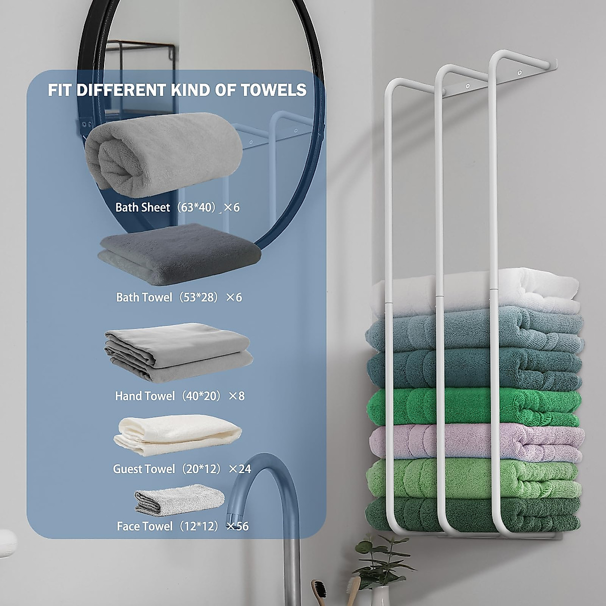 Fogein Towel Rack for Bathroom,3 Bar Towel Rack Wall Mounted,Wall Towel Rack for Rolled Towels Can Holds Up 6 Large Bath Towels,Wall Towel Holder for Small Bathroom,Spa,Sauna(White)