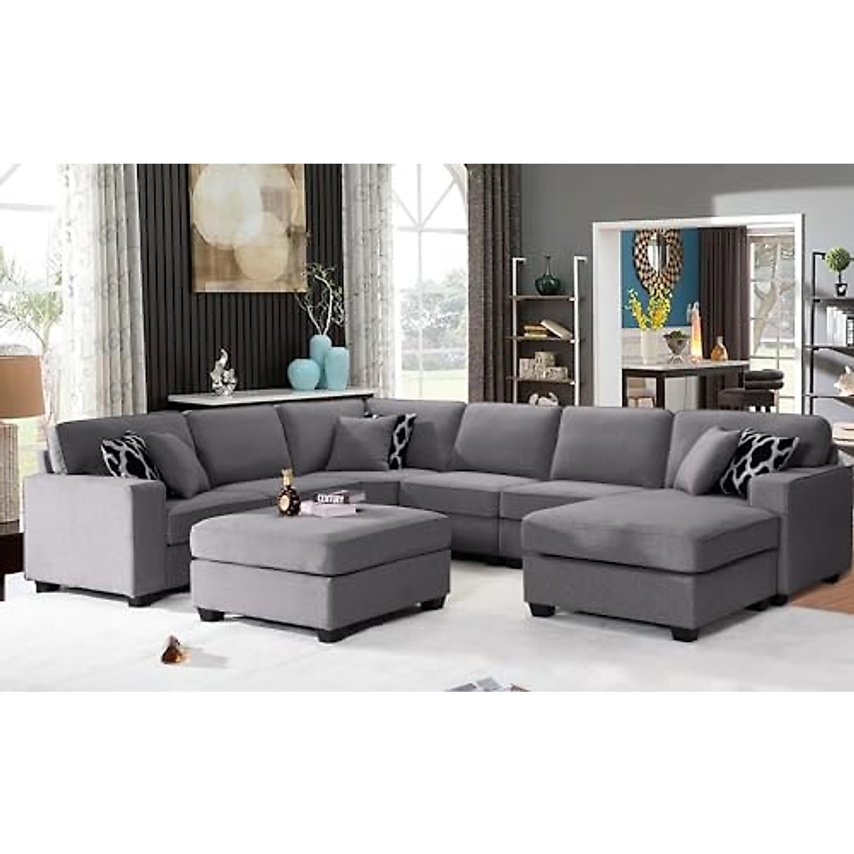 Legend Vansen 137'' Flexble Combination Reversible Moddule Upholstery Sofa Couch Sectional, Dark Grey