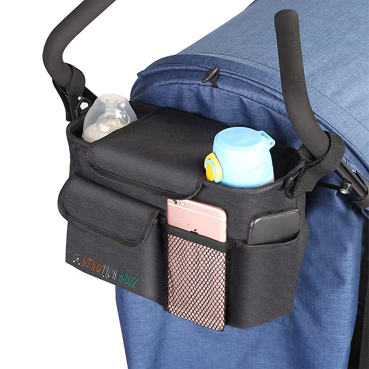 Stroller Organizer, Bottle Caddy & Cup Holder, Large Storage Universal Fit, Doubles as Diaper Shoulder Bag by Stroller Buzz