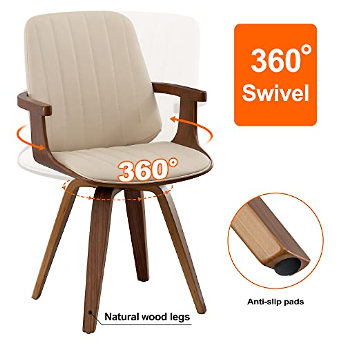 WUPOTO Dining Chairs Set of 2, Mid Century Modern Dining Room Chairs, Upholstered Faux Leather Kitchen Chairs with Wooden Arms and Legs, 360 Degree Swivel (Beige)