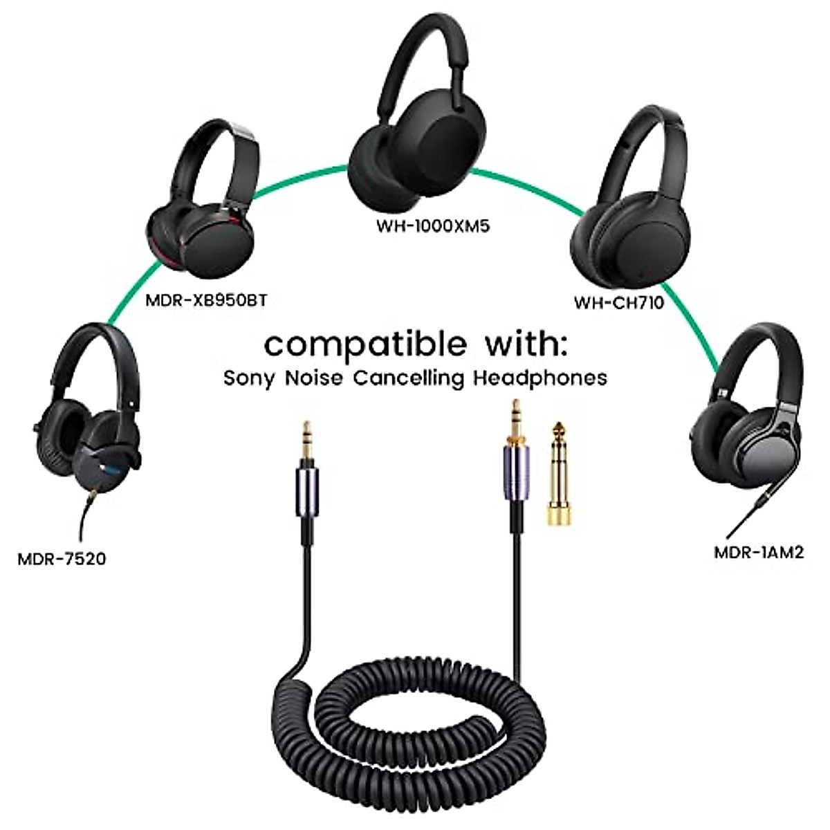 weishan WH-1000XM5 Cable Coiled Aux Cord Replacement for Sony WH-CH720N, WH-CH710N, MDR-950BT, 1AM2, 7520 Noise Canceling Headphones, 3.5mm(1/8") Extension Wire with 6.35mm(1/4") Adapter, 14ft