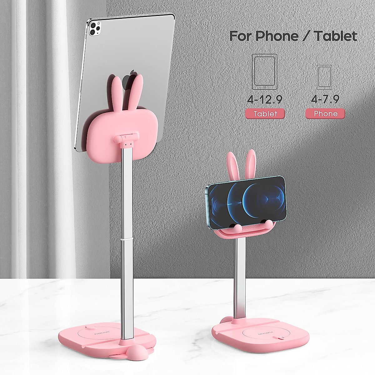 OATSBASF Cute Bunny Tablet Stand for Desk, Adjustable Height Tablet Stand Holder Dock Compatible with iPad, Pro 9.7, 10.5, 12.9 Air Mini, Tablet, Kindle, Nexus, Tab, E-Reader (4-13") (Pink Plus)