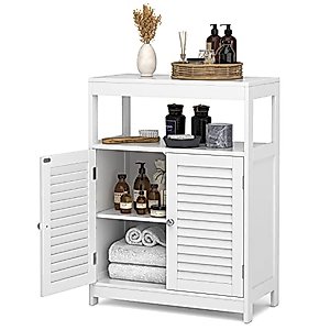 Tangkula Bathroom Storage Floor Cabinet, Free Standing Storage Cabinet with Double Shutter Doors and 3-Position Adjustable Shelves, Wooden Storage Cabinet Organizer for Bathroom, Living Room (White)