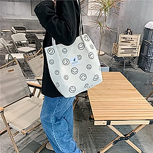 Cessfle Preppy Smiley Face Tote Bag, Corduroy Tote Bag Aesthetic Smiley Cute Tote Bags Handbag Shoulder Bags Teen Girls Trendy Stuff