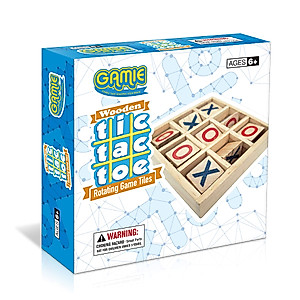 Gamie Wooden Tic-Tac-Toe Game, Small Travel Game with Fixed Spinning Pieces, Classic Wood Game for Kids, Fun Indoor Game Night Activity for Boys and Girls