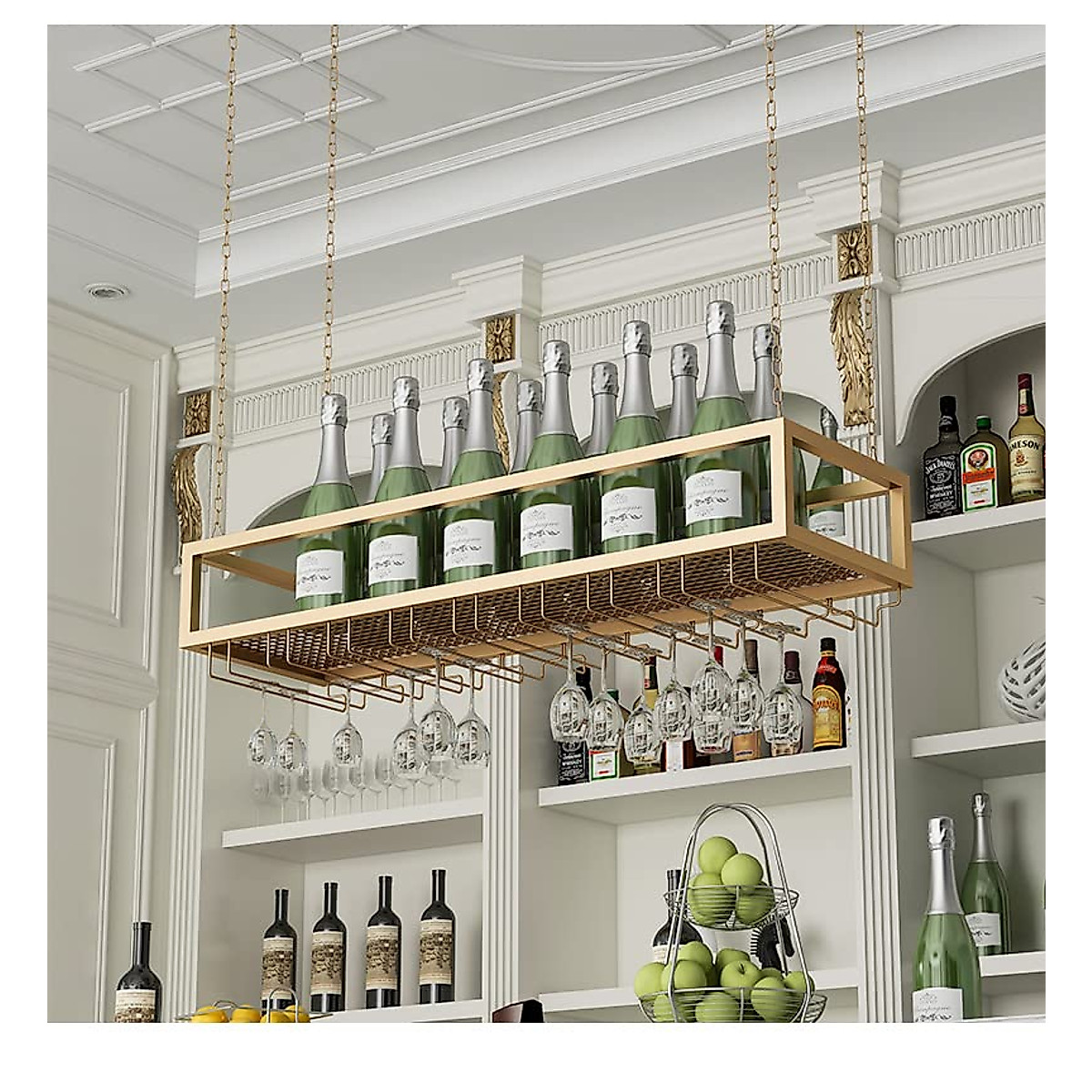 Ceiling Metal Iron Chain Wine Glass Rack, Hanging Wine Glass Holder, Adjustable Wine Rack with Glass Holder, Matte Black Stemware Rack