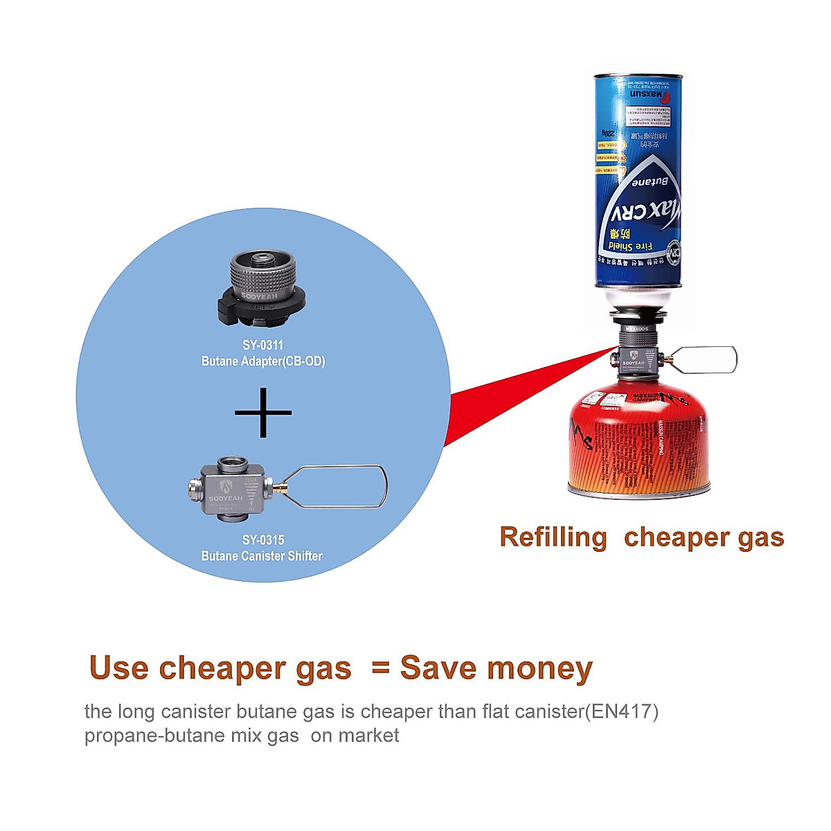 SOOYEAH Gas Refill Adapter,Isobutane fuel refill,Isobutane Canister Shifter,Lindal Valve Canister Shifter,Gas Saver Plus,Air Vent Function,Backpacking Camping Stove Adapter