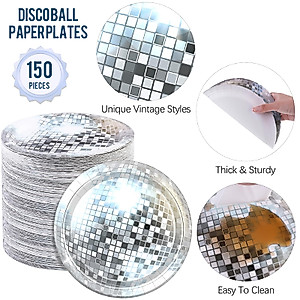 durony 150 Pieces Silver Disco Ball Paper Dinner Plates 70s Silver Foil Disposable 9-Inch Plates 80s 90s Disco Paper Tableware for Disco Bachelorette Groovy Birthday Wedding Party Decorations