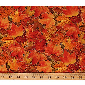 Cotton Fall Leaves Golden Orange Red Gold Metallic Shimmer Autumn Seasons Trees Harvest Time Cotton Fabric Print by The Yard (D512.42)