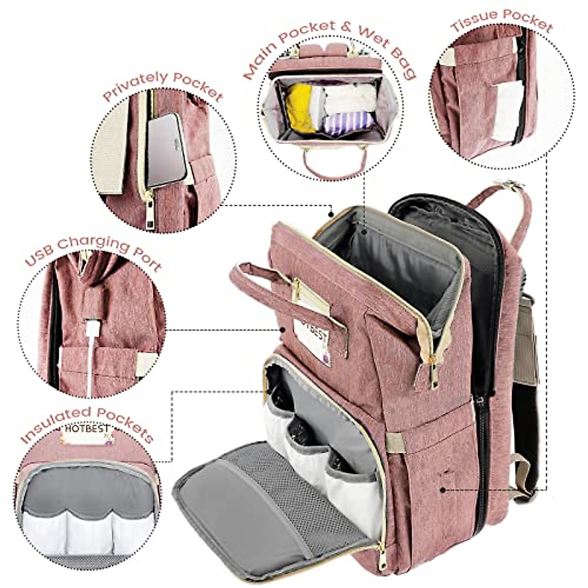 HOTBEST Diaper Bag Backpack, Diaper Bags, Multifunction Waterproof Travel Essentials Diaper Bag with USB port, Newborn Registry Shower Gifts, Unisex and Stylish(Pink)