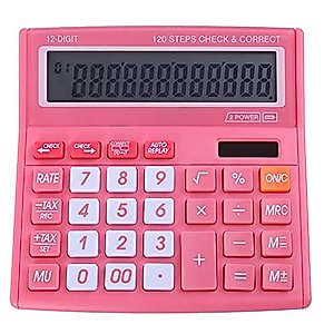 Office Desk Calculator 12 Digits with Solar Power and Easy to Read HD LCD Display, Big Buttons, for Financial Affairs,Home, Office, School, Class and Business,with Battery，Pink