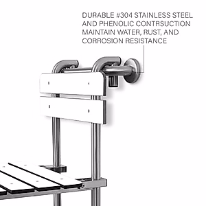 Portable Hanging Profile Bench Shower Seat with 18-inch Grab Bar, Grab Bar Supported, Stainless Steel, White