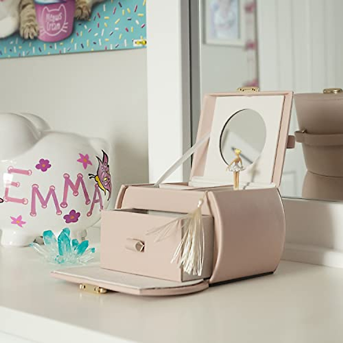 Vlando Ballerina Music Jewelry Organizer, Leather Necklaces Rings Hair-Rings Storage Case Holder, Gift for Kids Girls, Pink