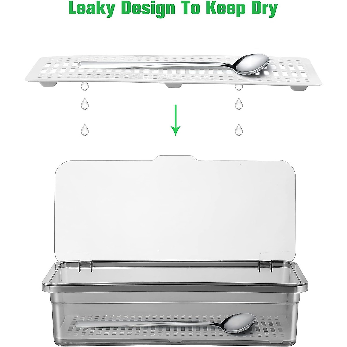 benbigbee Flatware Tray with Lid,Flatware Plastic Tray with Lid Kitchen Cutlery and Utensil Drawer Organizer Silverware Countertop Storage Container (White)