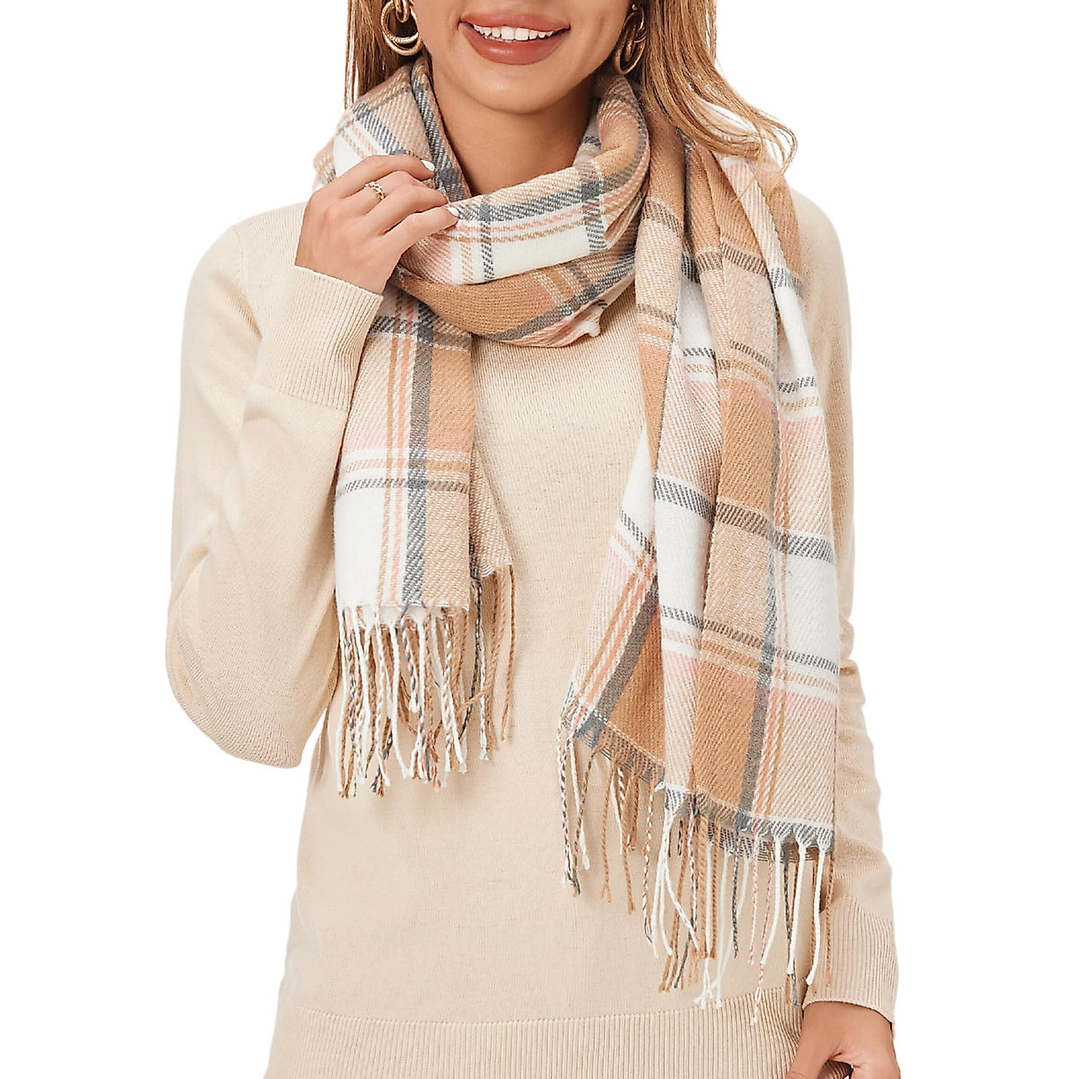 Fuinloth Women's Large Plaid Scarf Fashion Long Shawl Wrap for Winter Warm Lightweight Brown Pink
