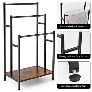 Freestanding Towel Rack Stand for Bathroom, 3 Tier Blanket Ladder Holder, Towel Drying and Display Rack with Shelf, Metal Blanket Rack, Farmhouse Rustic Brown and Black