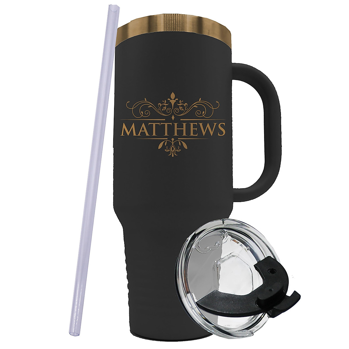 Custom Monogrammed 40 oz Tumbler with Handle, Lid and Straw - Personalized Insulated Stainless Steel Large Cup (Black with Gold)