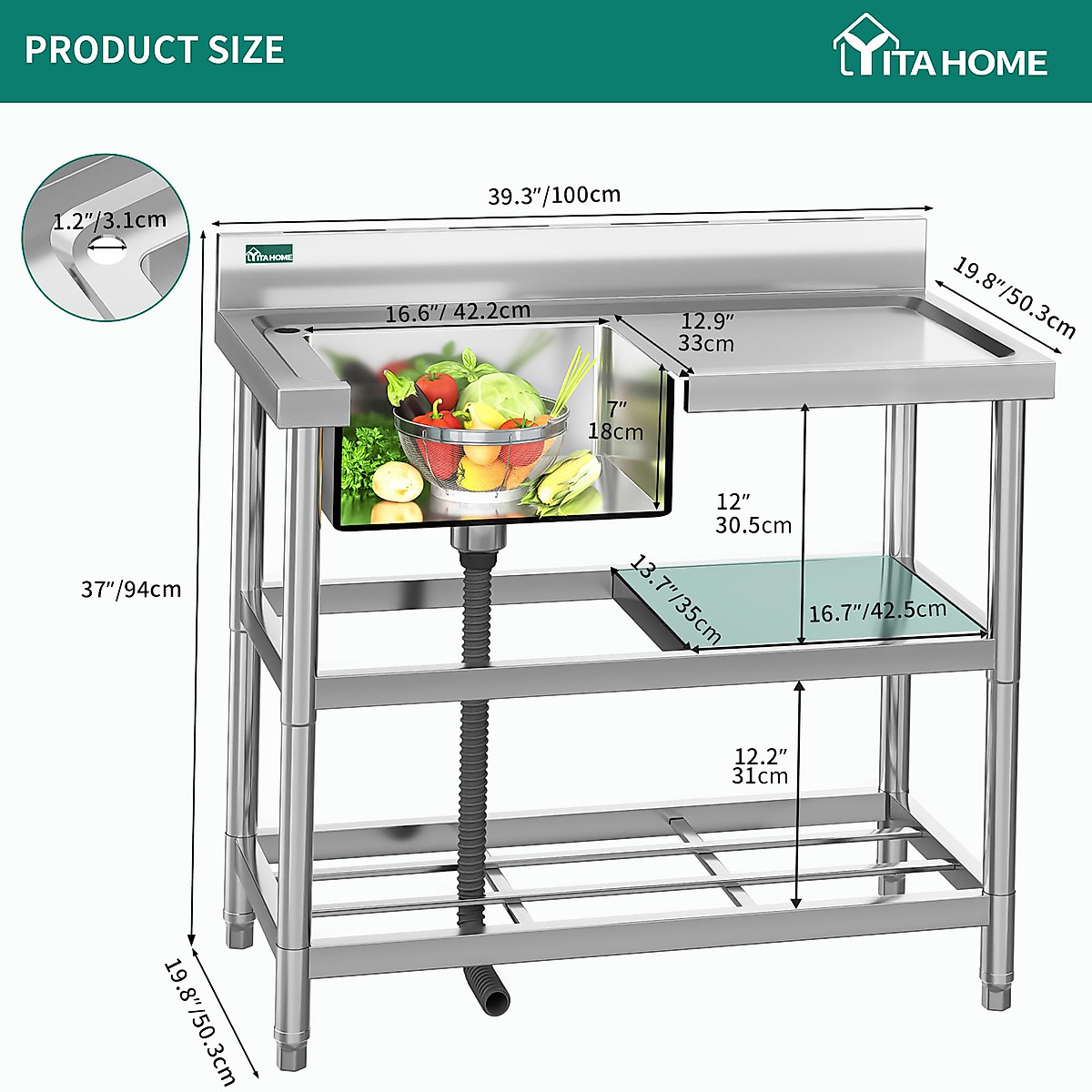 YITAHOME Kitchen Sink Stainless Steel Single Bowl Freestanding Commercial Sink with Drainboard for Restaurant, Utility Sink w/Workbench & Double Storage Shelves for outdoor 39" W x 20" D x 37" H