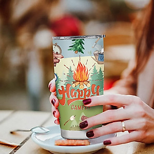 Delsakhula Happy Camper Tumbler - Insulated Stainless Steel Travel Mug With Lid - 20 OZ Gift for Women Men - Birthday Coffee Cup