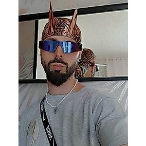 AIEYEZO Modern Fashion Rimless Futuristic Wrap Around Sunglasses Women Men Cyberpunk Visor Sun Glasses Trendy Future Shades (Black/Blue Mirrored)