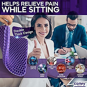 Gel Seat Cushion for Long Sitting - Purple Seat Cushion for Office Chair- Egg Crate Cushion for Pressure Relief and Back Pain - Cooling Double Gel Seat Cushion for Car, Wheelchair, Computer Chair