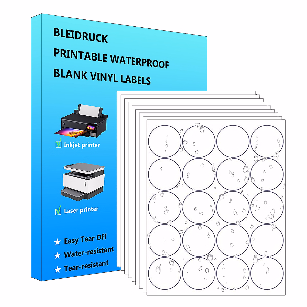 600 Circle Stickers 2" Round Labels 30 Sheets Waterproof Matte White Die Cut Vinyl Sticker Paper Dries Quickly for Inkjet/Laser Printer