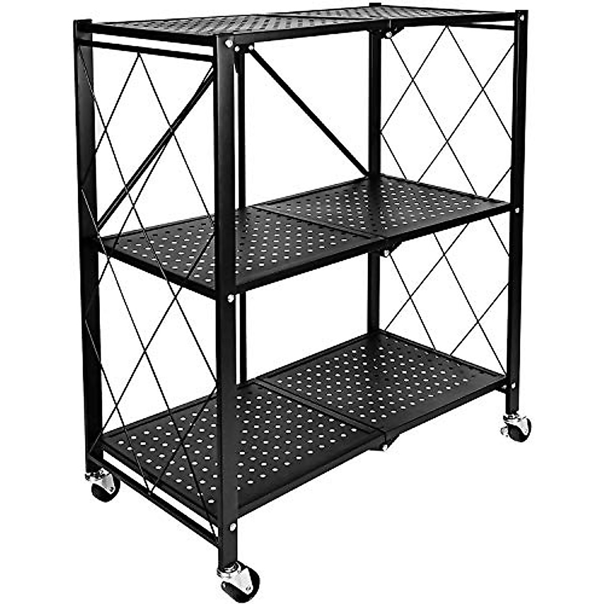 HealSmart 4-Tier Heavy Duty Foldable Metal Rack Storage Shelving Unit, Black & 3-Tier Heavy Duty Foldable Metal Rack Storage Shelving Unit with Wheels Moving Easily Organizer Shelves, Black