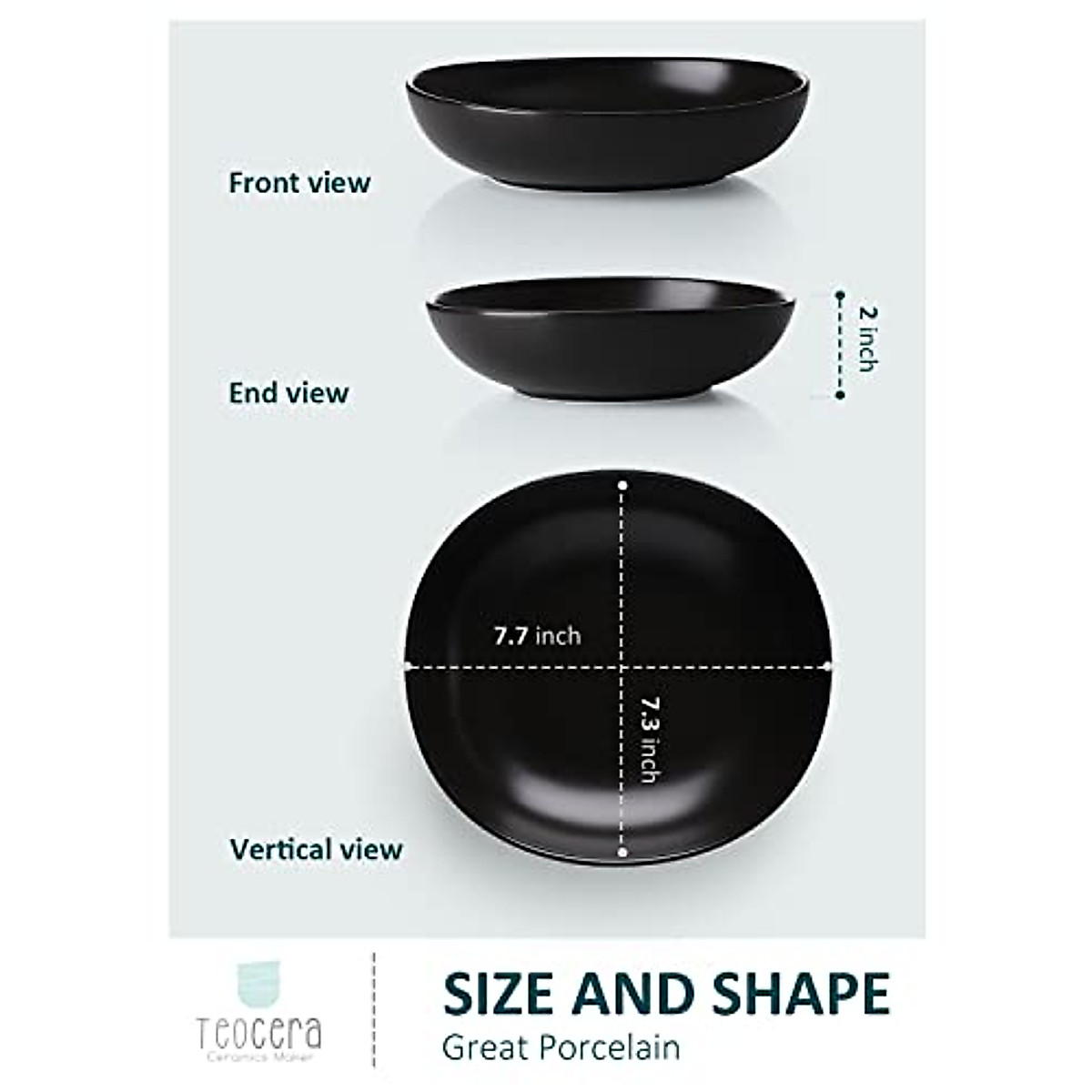 Teocera Wide and Shallow Porcelain Salad and Pasta Bowls Set of 6-24 Ounce Microwave and Dishwasher Safe Serving Dishes, Matte Black