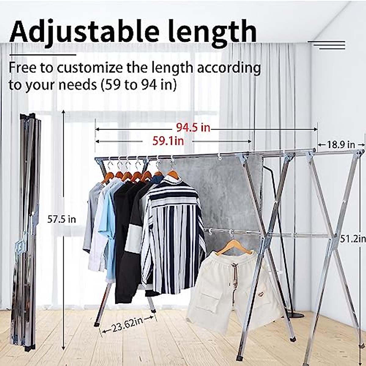 HYZSWGC Foldable Clothes Drying Rack, 95 Inches Adjustable Stainless Steel Laundry Drying Rack with 20 Windproof Hooks for Clothes, Blanket, Llinens, Shoes, Indoor/Outdoor
