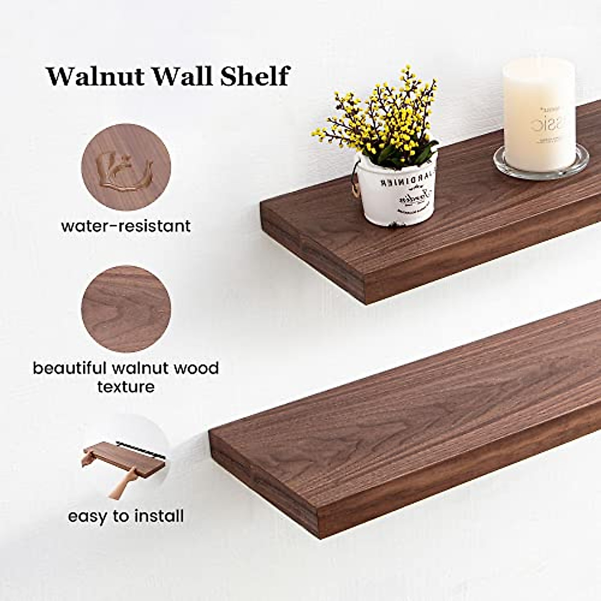 Walnut Floating Shelves, 8'' Deep Shelves Wall Mounted, 24 Inch Long Rustic Wood Floating Shelves for Wall Storage & Decor, Wide Wooden Shelves for Bedroom, Living Room, Kitchen, Set of 2