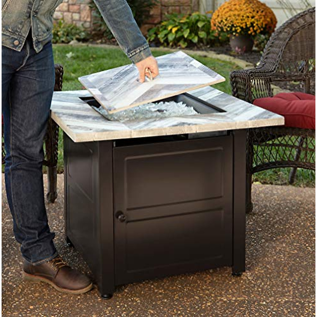 Endless Summer, The Duvall, 30" Square Outdoor Propane Fire Pit, Includes White Fire Glass, Table Insert, & Protective Cover