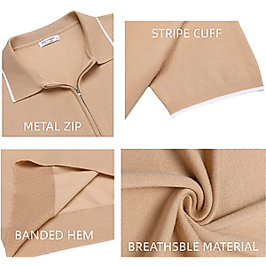 COOFANDY Mens Polo T Shirt Stripe Stretch Casual Quarter Zip Pique T Quick Dry, Light Tan, XX-Large, Short Sleeve