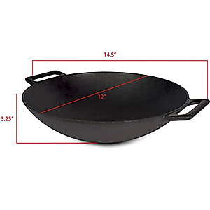 Jim Beam 12'' Pre Seasoned Heavy Duty Construction Cast Iron Grilling Wok, Griddle and Stir Fry Pan