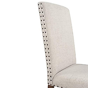 Winwee Dining Chairs with Copper Nails and Solid Wood Legs Upholstered Armless Dining Chair with High Back Upholstered Stools, Cotton-Linen Blend Fabric Set of 2 (Beige)