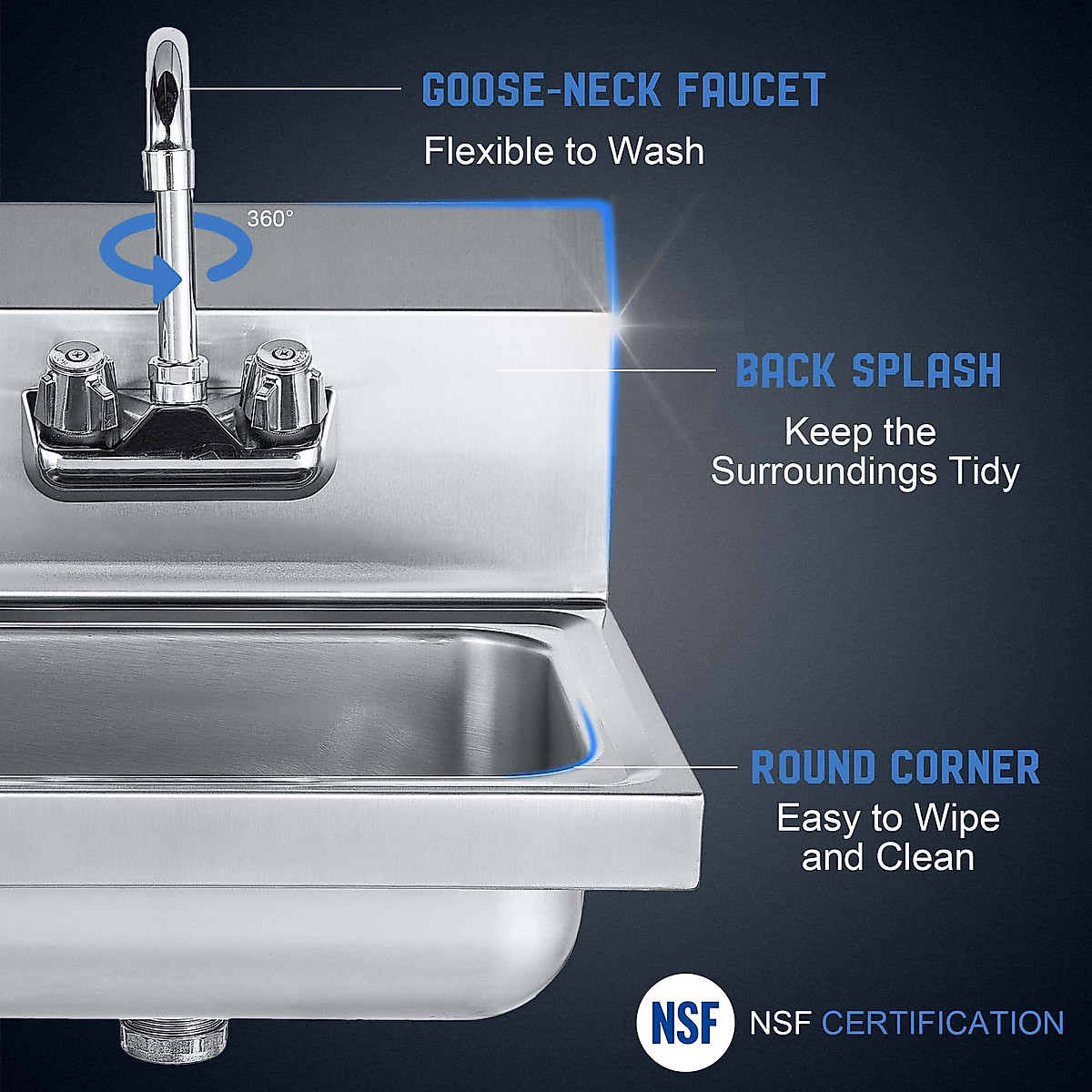 Profeeshaw Stainless Steel Sink Commercial Wall Mount Hand Washing Basin NSF Certified, with Gooseneck Faucet and Backsplash, for Restaurants, Stores, Bars and Home, 17" x 15"