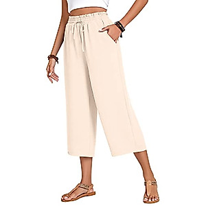 Anyhold Womens Capri Pants Loose High Waisted Wide Leg Lounge Pants Drawstring Casual Palazzo Trousers with Pockets X-Large, Beige