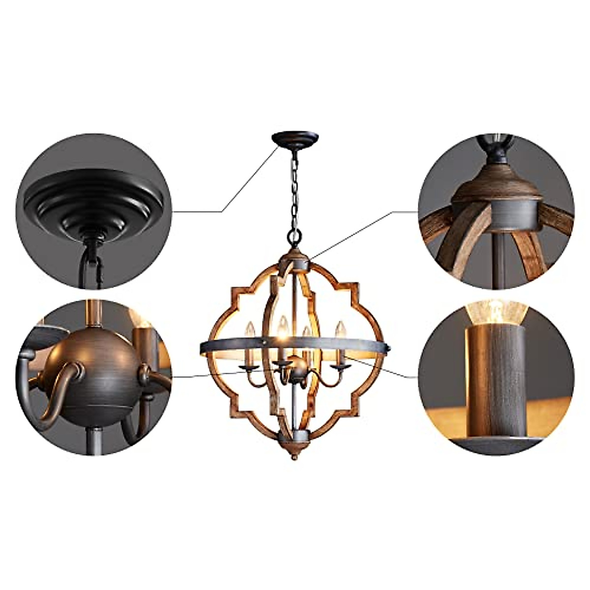 Saint Mossi 4-Lights Wooden Finish Farmhouse Chandelier Light Fixture,Rustic Globe Chandelier Style,Globe Pendant Light Farmhouse Pendant Light Fixtures,H22 x D20,Chain Adjustable