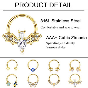 JOERICA 16G Septum Jewelry for Women Stainless Steel Horseshoe Septum Rings Cute Bee Flower Butterfly Claw Evil Eye Bead Rings Cartilage Earrings Hoop Helix Rook Daith Septum Piercing Jewelry 8/10MM