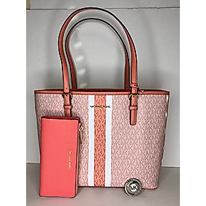 Michael Kors Jet Set Travel MD Carryall Tote bundled with Large Continental Wristlet Wallet Purse Hook (Signature MK Sherbert/Grapefruit)