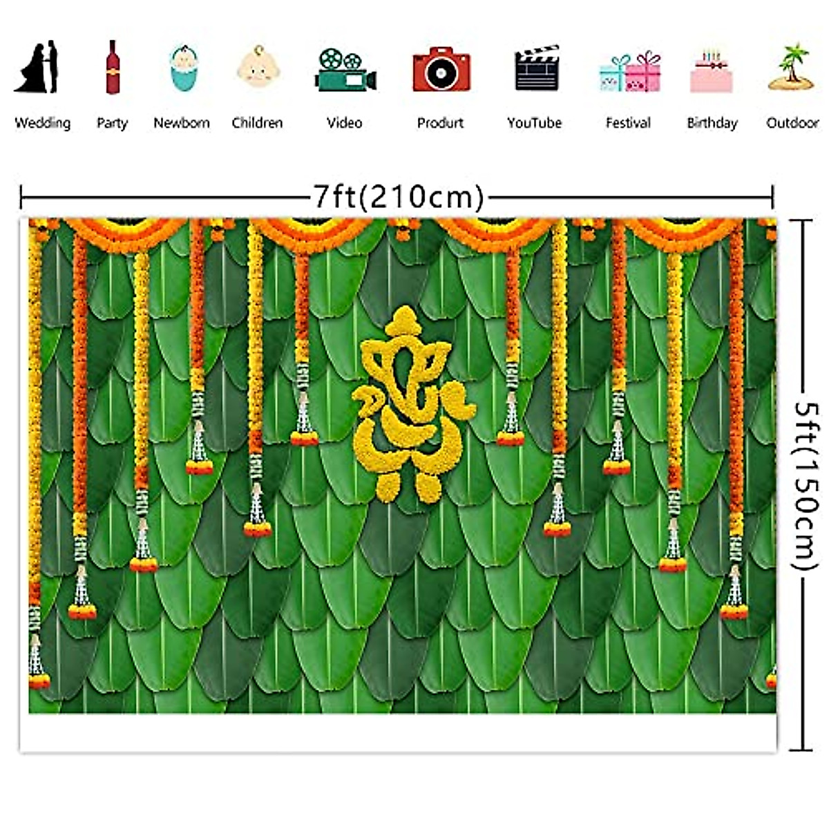 Ticuenicoa 7×5ft India Pooja Traditional Photography Backdrop Diwali Backdrops Banana Leaf Green Chatiya Ganesh Background Marigold Puja Ganpati Wedding Photo Tapestry Booth Props